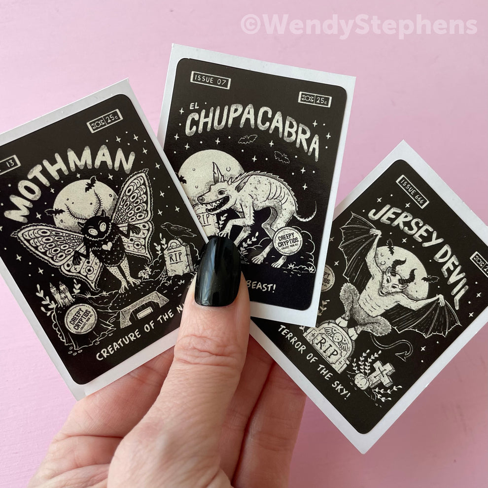 Cryptid Sticker Set: Mothman, Chupacabra, Jersey Devil – WendyStephensArt